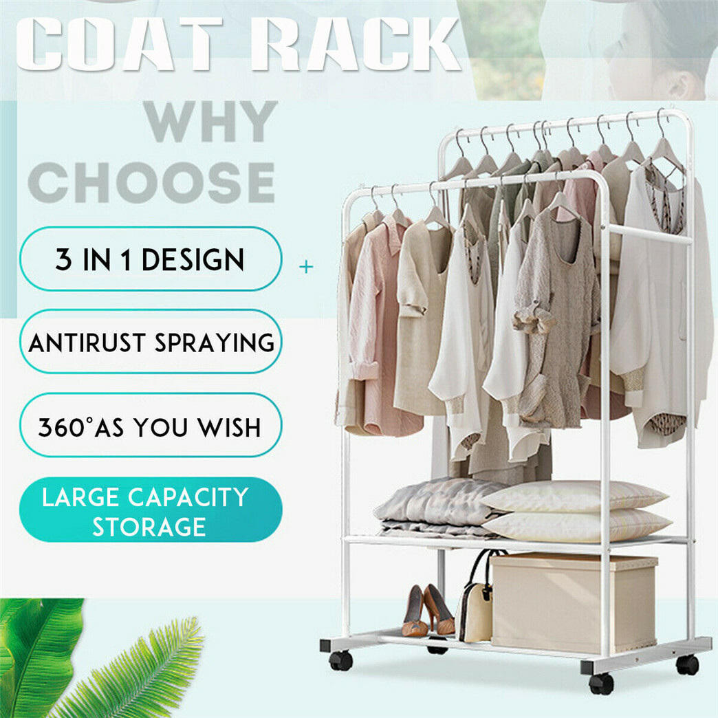 White Elegant Garment Dual Clothes Rack Rail Rolling Hanging Shelf ...