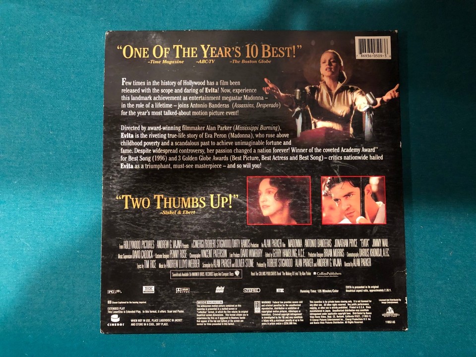 Evita (Laserdisc 1996) Madonna Jonathan Pryce Antonio Banderas 2 Disc ...