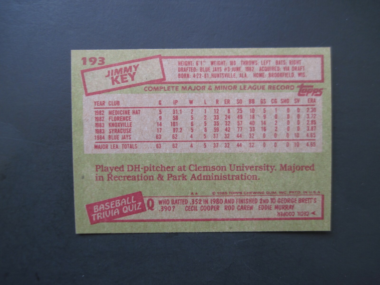 JIMMY KEY ROOKIE CARD 1985 Topps #193 Blue Jays Pitcher | eBay