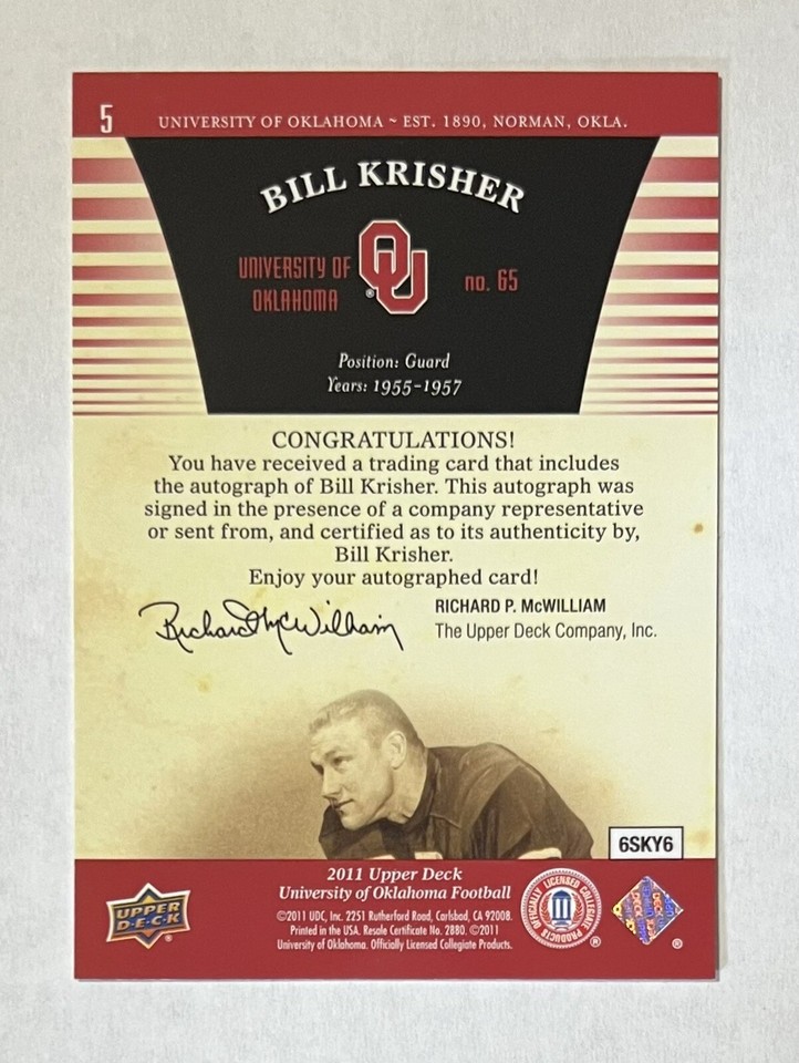 Bill Krisher 2011 Upper Deck Univ. of Oklahoma OU Sooners Auto ...