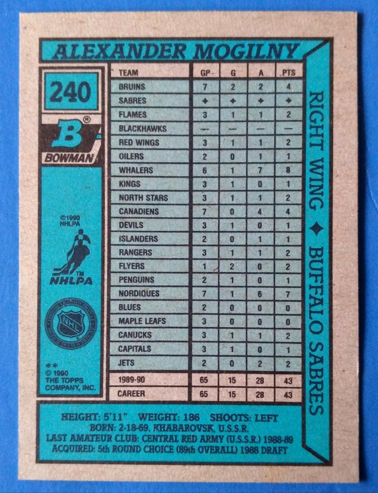1990-91 BOWMAN HOCKEY ROOKIE CARD #240 ALEXANDER MOGILNY BUFFALO SABERS ...