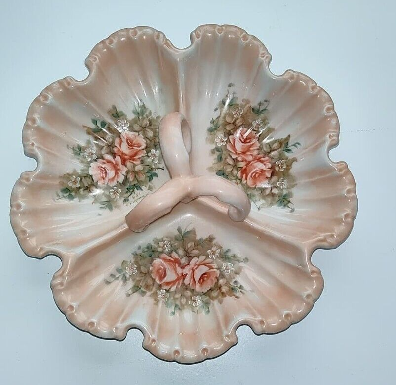 Vintage 9" Ceramic Scallop Edge Divided Candy Dish Floral Porcelain 3 ...