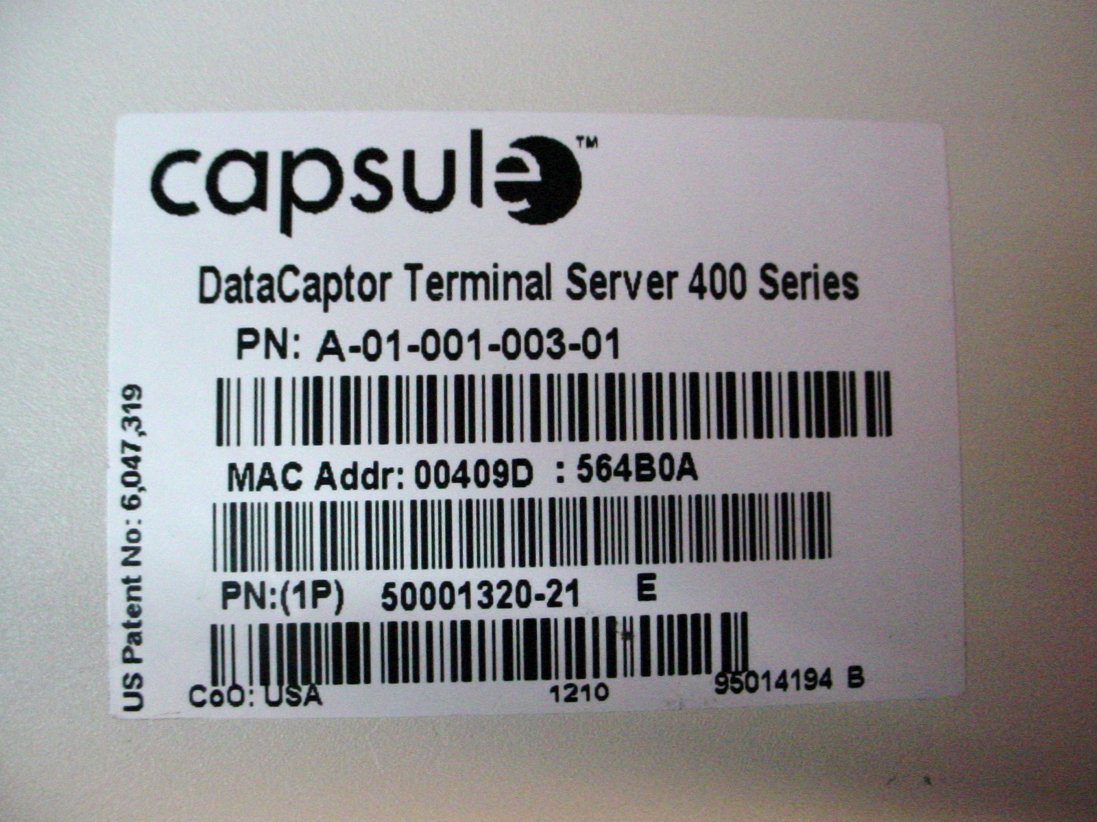 Capsule Data Captor Medical Terminal Server 400 Series A-01-001-003-01 ...