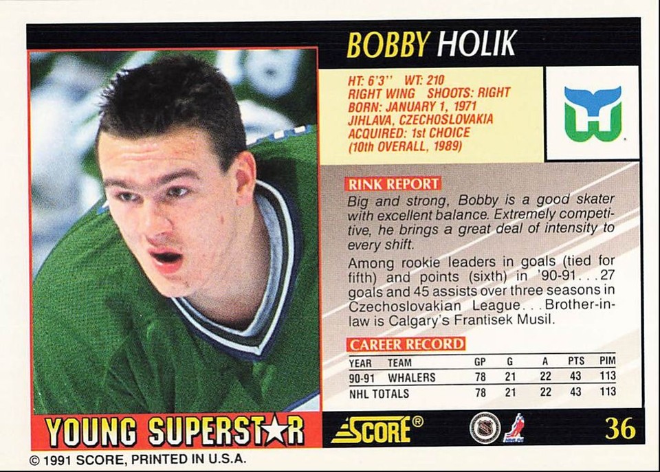 1991-92 Score Young Superstars Bobby Holik Hartford Whalers #36 | eBay
