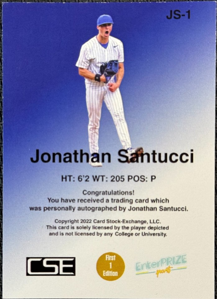 Jonathan Santucci Signed Rookie Trading Card Duke Blue Devils - New ...