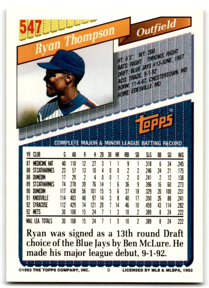 1993 Topps Gold Ryan Thompson New York Mets #547 | eBay