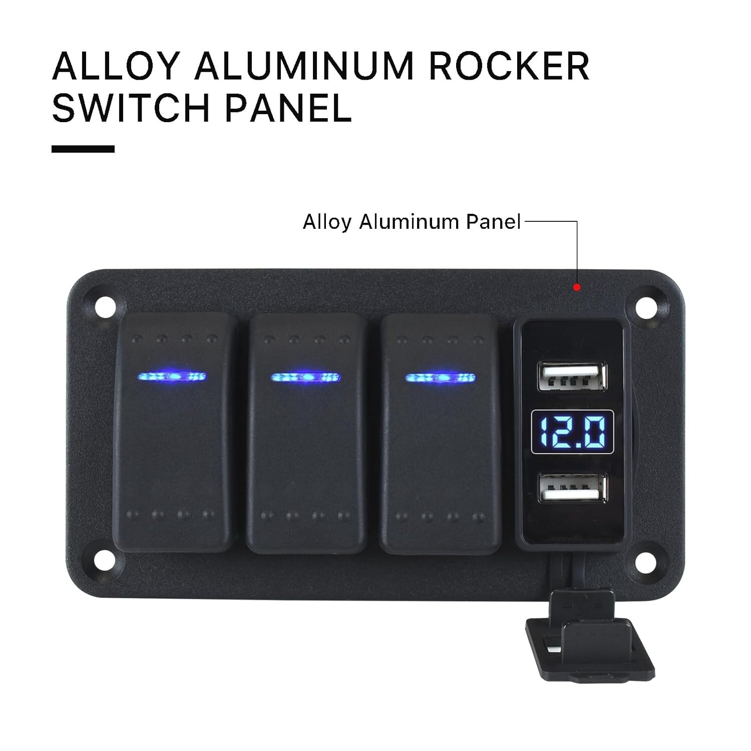 3 Gang Aluminum Rocker ON/Off Toggle Switch DC Dual USB Panel Blue LED ...