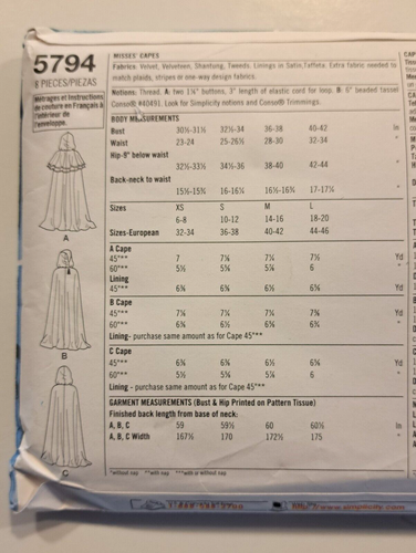Simplicity 5794 Misses Capes Pattern Medieval Renaissance Size 6 - 20 ...