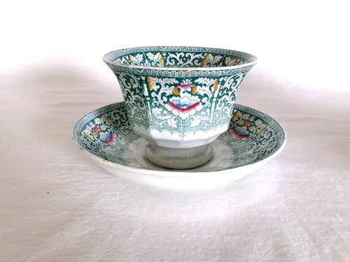 c 1850 ZAMARA GREEN TRANSFERWARE IRONSTONE CUP & SAUCER - Francis ...