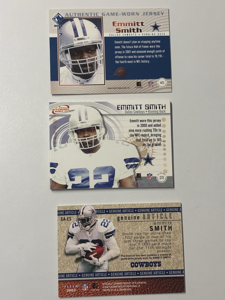 Emmitt Smith Game Worn Patches, 2001, 2002 Pacific, Fleer 2002 Genuine ...