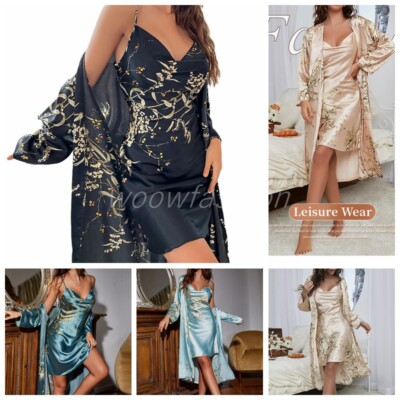 Women Satin Silk Robe Set V-neck 2 Piece Bridal Party Robes Satin ...