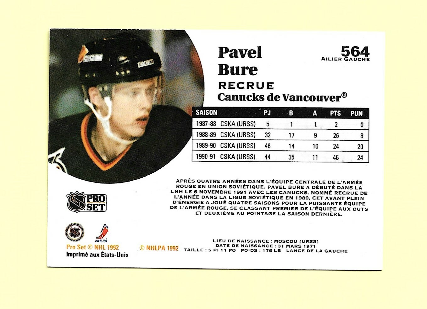 91-92 Pro Set FRENCH ROOKIE RC Card # 564 PAVEL BURE VANCOUVER ...