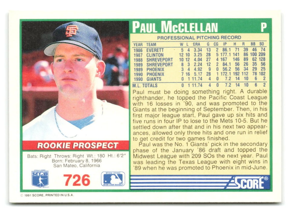 1991 Score Paul McClellan Rookie #726 San Francisco Giants BASEBALL ...