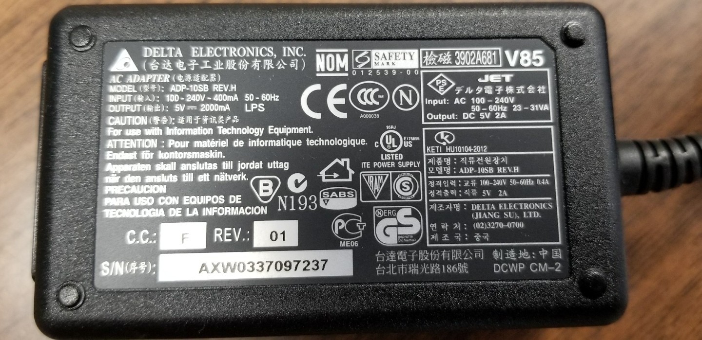 Power Adapter 5V 2A Delta Electronics AC/DC ADP-10SB With outlet cable ...