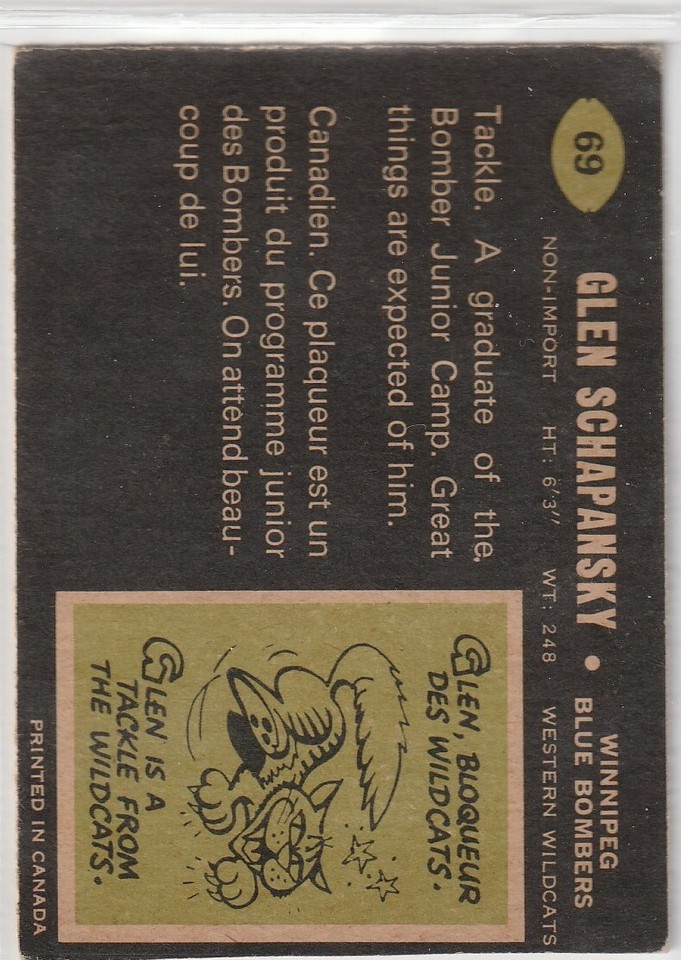 1970 OPC CFL Football #69 Glen Schapansky Winnipeg Blue Bombers RC | eBay