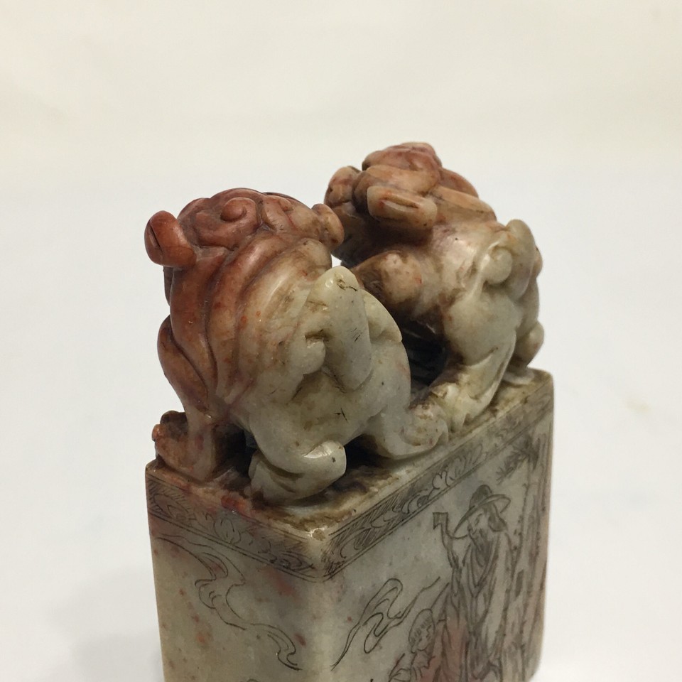Old Chinese Shoushan Soapstone Carved Twin Lions And Poem Seal Stamp ...