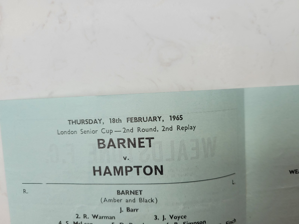 Barnet V Hampton 18.2. 1965 London Senior Cup 2nd Rnd 2nd Repaly ...