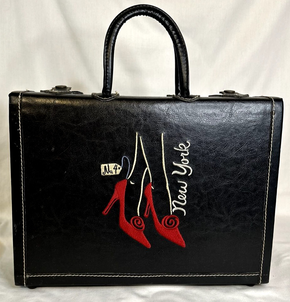 Train Case Vintage Black Leather & Red Velvet Lining … - Gem