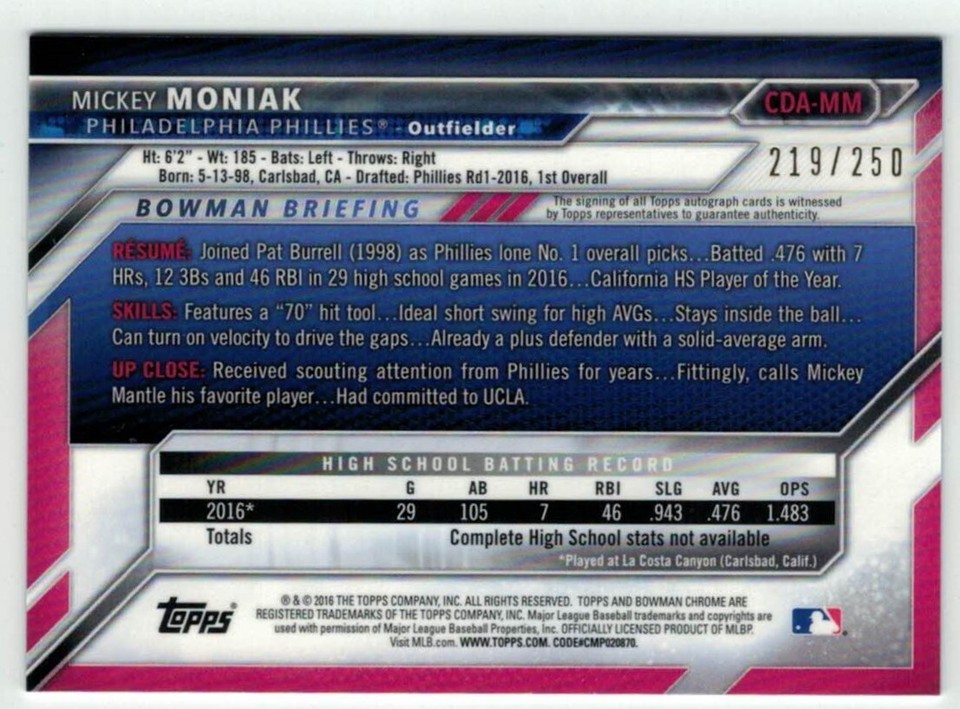 2016 Bowman Chrome Draft MICKEY MONIAK PURPLE REFRACTOR /250 AUTO ...