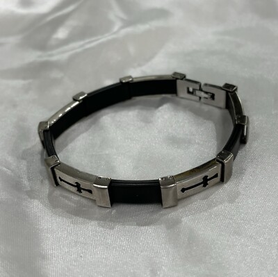 MEN'S STAINLESS STEEL CROSS IN RUBBER WIDELINK BRACELET 7.5” | eBay