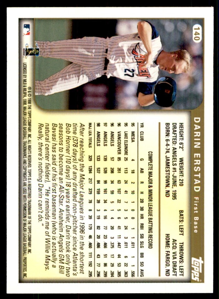 1999 Topps Baseball Card Darin Erstad Anaheim Angels #140 | eBay