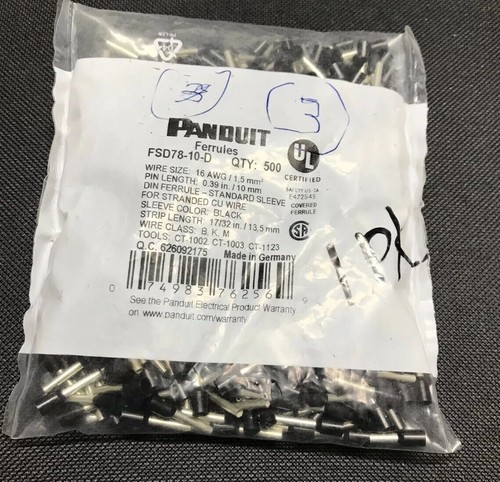 100 x Panduit FSD78-10 Pan-Term Ferrules - 16 AWG 10mm Black Sleeve ...