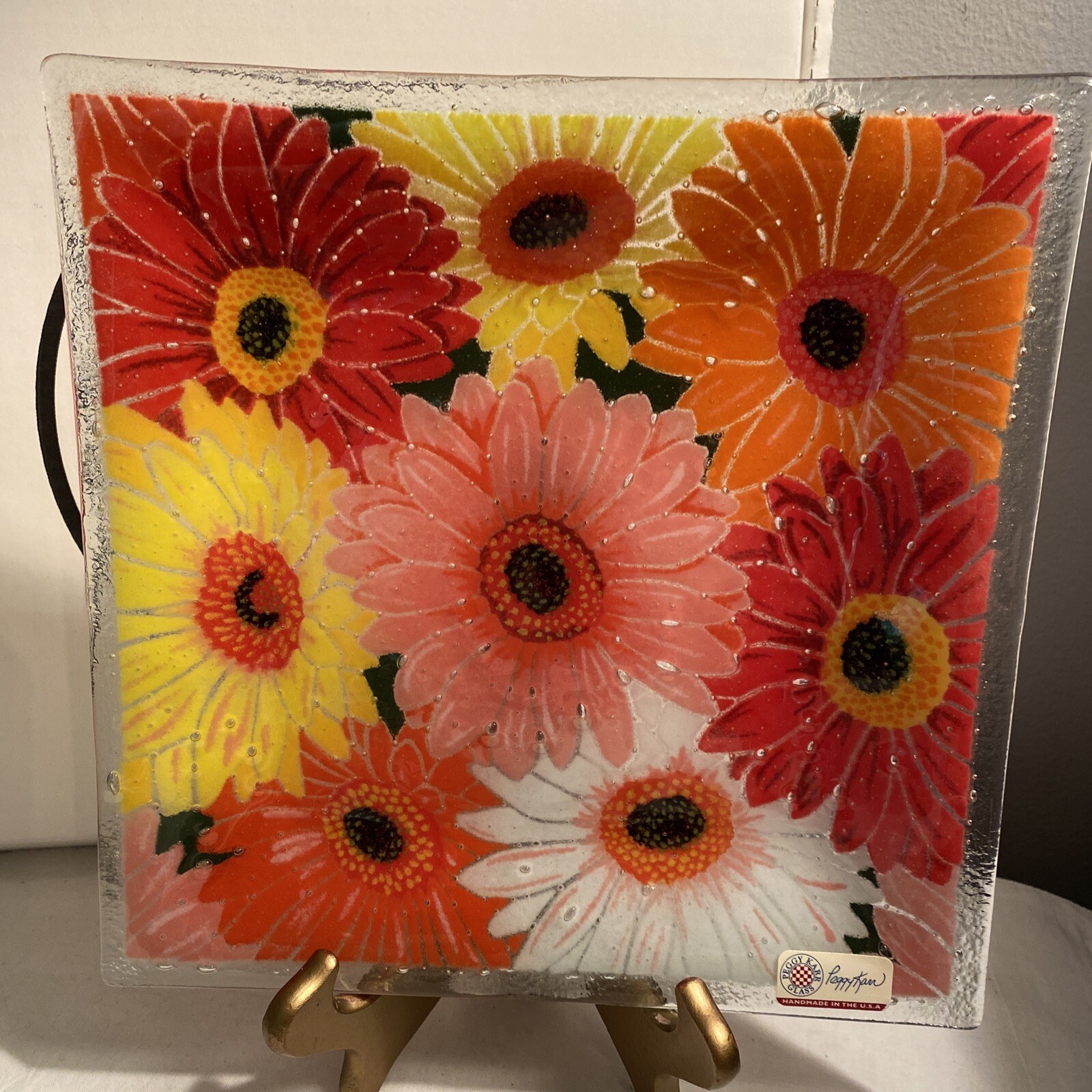 Peggy Karr Gerber Daisies Glass Infused 9.5” Square Plate Beautiful | eBay