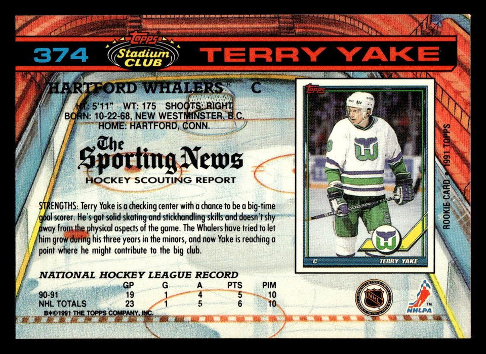 Terry Yake 1991 Stadium Club #374 Hartford Whalers | eBay