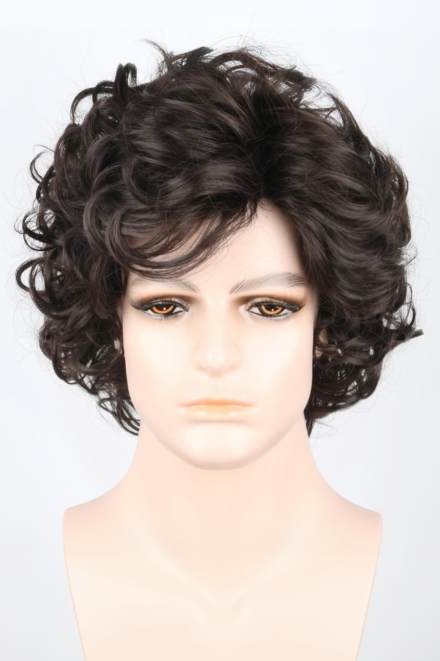 Men's Brown Short Curly Layered Wig 70s 80s TV Star Host Halloween ...