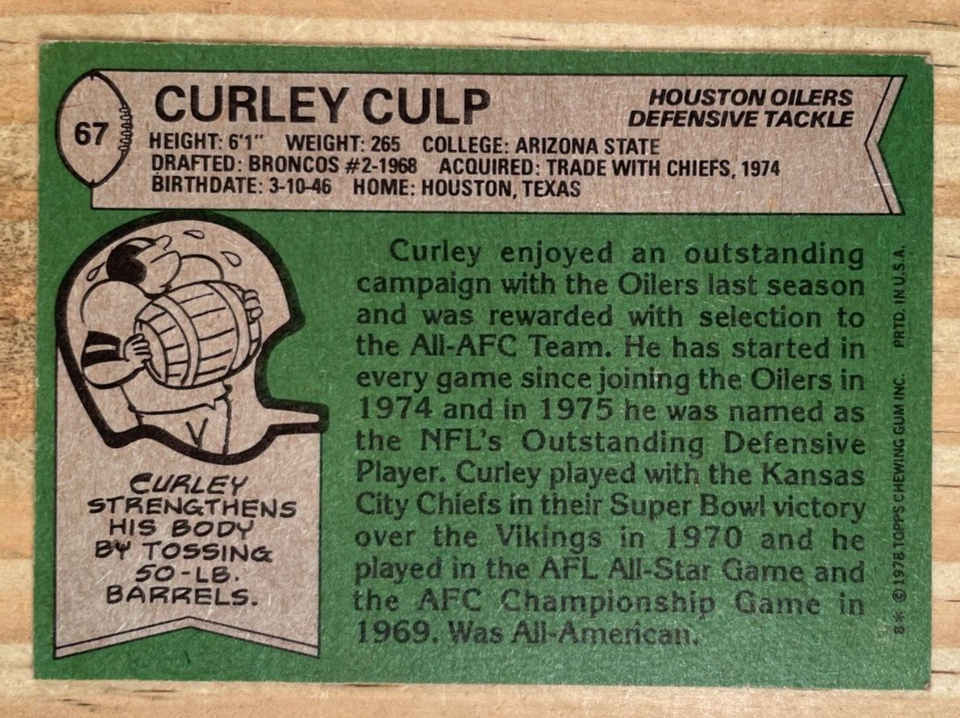 1978 TOPPS CURLEY CULP CARD#67 HOUSTON OILERS KANSAS CITY CHIEFS ...