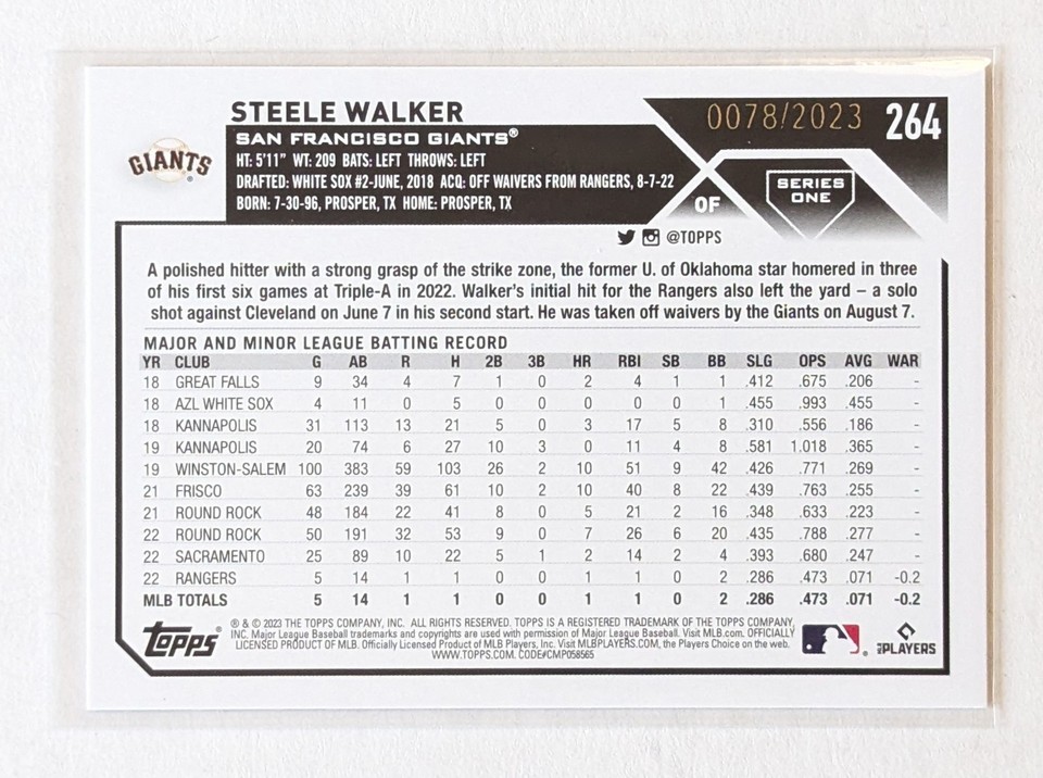 2023 Topps Series 1 Steele Walker Gold /2023 RC #264 San Francisco ...