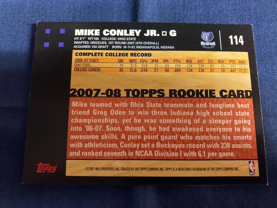 Mike Conley Jr. Topps Black Rookie Card Memphis Grizzlies 2007 #114 | eBay