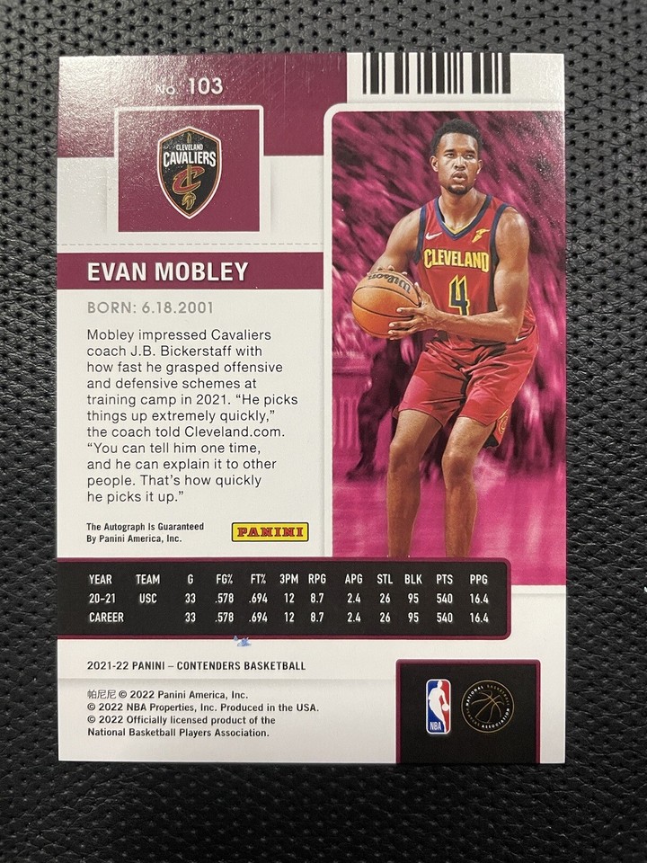 2021-22 PANINI CONTENDERS BASKETBALL EVAN MOBLEY ROOKIE FINALS ON CARD ...
