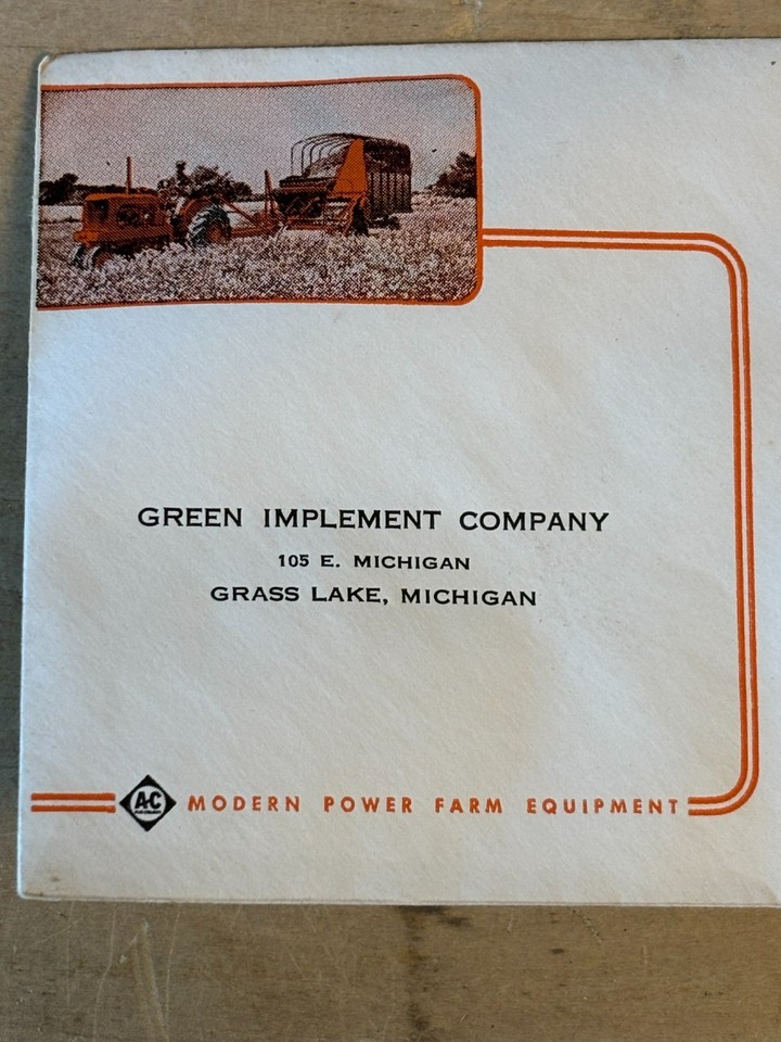 Vtg ALLIS CHALMERS Green Implement Grass Lake Michigan 9.5"x4" Envelope ...