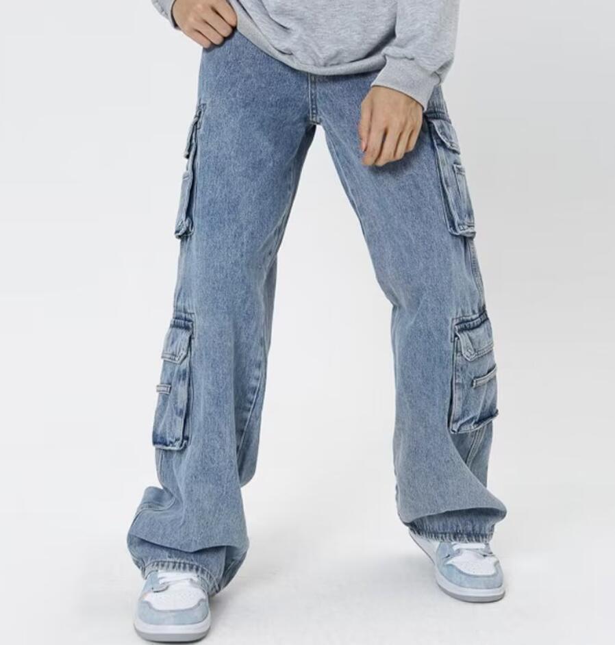 Men's Light Blue Straight Leg Pockets Denim Jeans Pants Trousers Punk ...