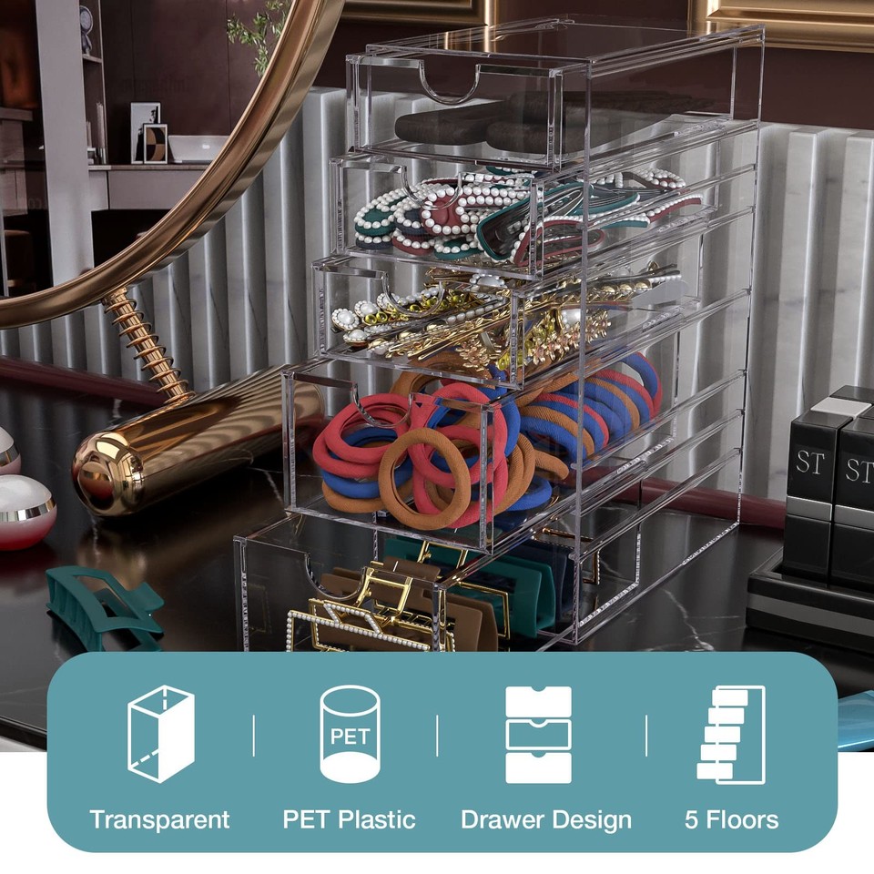 Clear Hair Accessory Organizer Box, 5-Drawer Plastic Storage for Hair ...