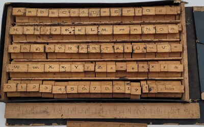Antique all wood printing set, carved wooden letters, punctuation, 2 ...