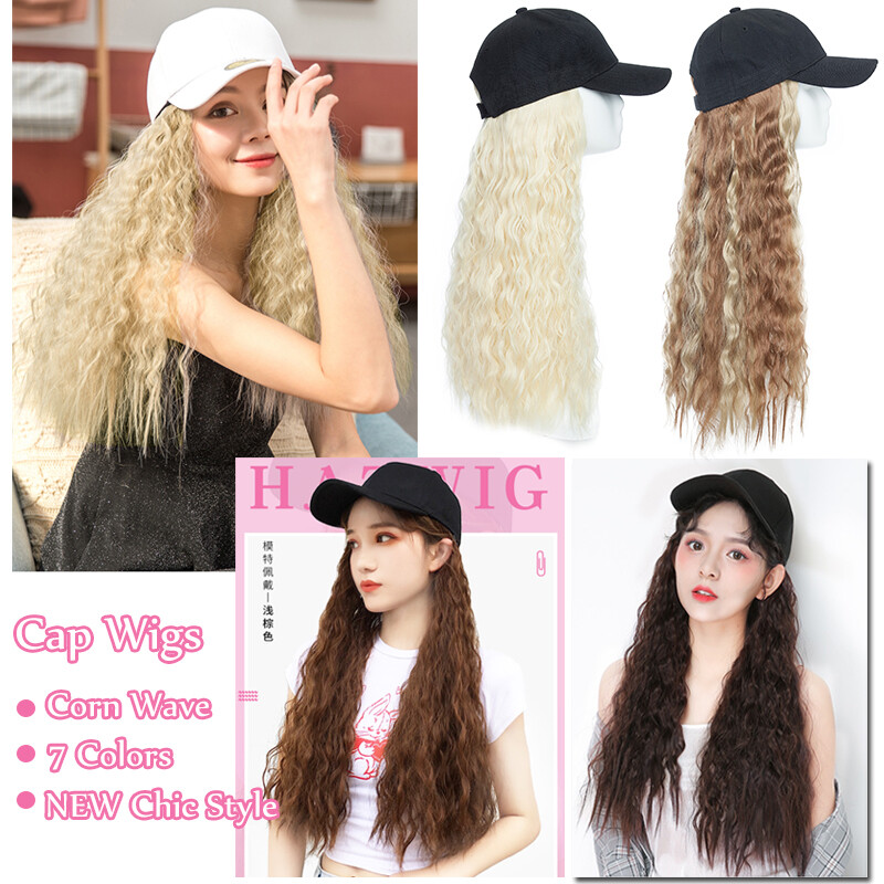 Baseball Cap with Curly Hair Wig Full Wigs Long Natural Wavy HairPiece ...