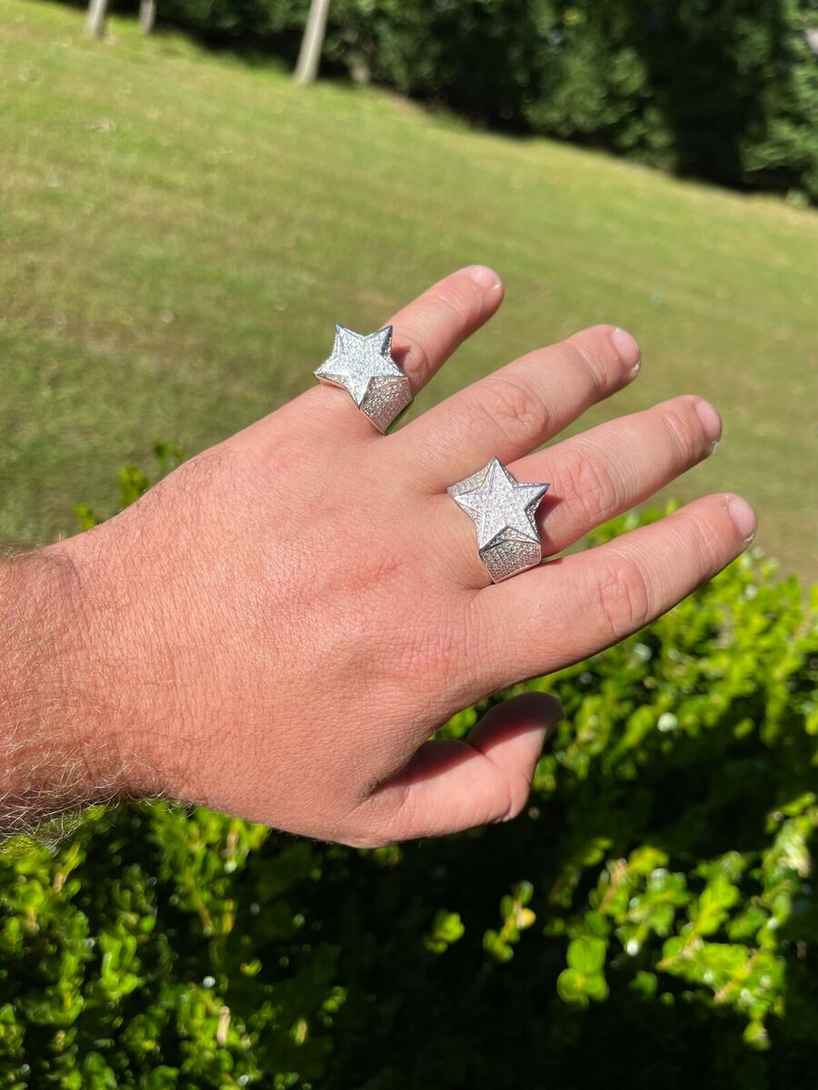 Solid 925 Silver Iced Hip Hop Out STAR Pinky RING REAL Solid 925 Silver Iced Hip Hop Out STAR Pinky RING REAL
