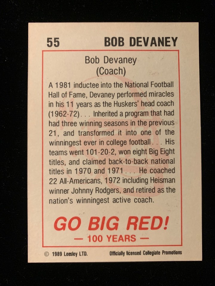 1989 Leesley Nebraska 100th Anniversary #55 BOB DEVANEY Nrmt+ Go Big ...