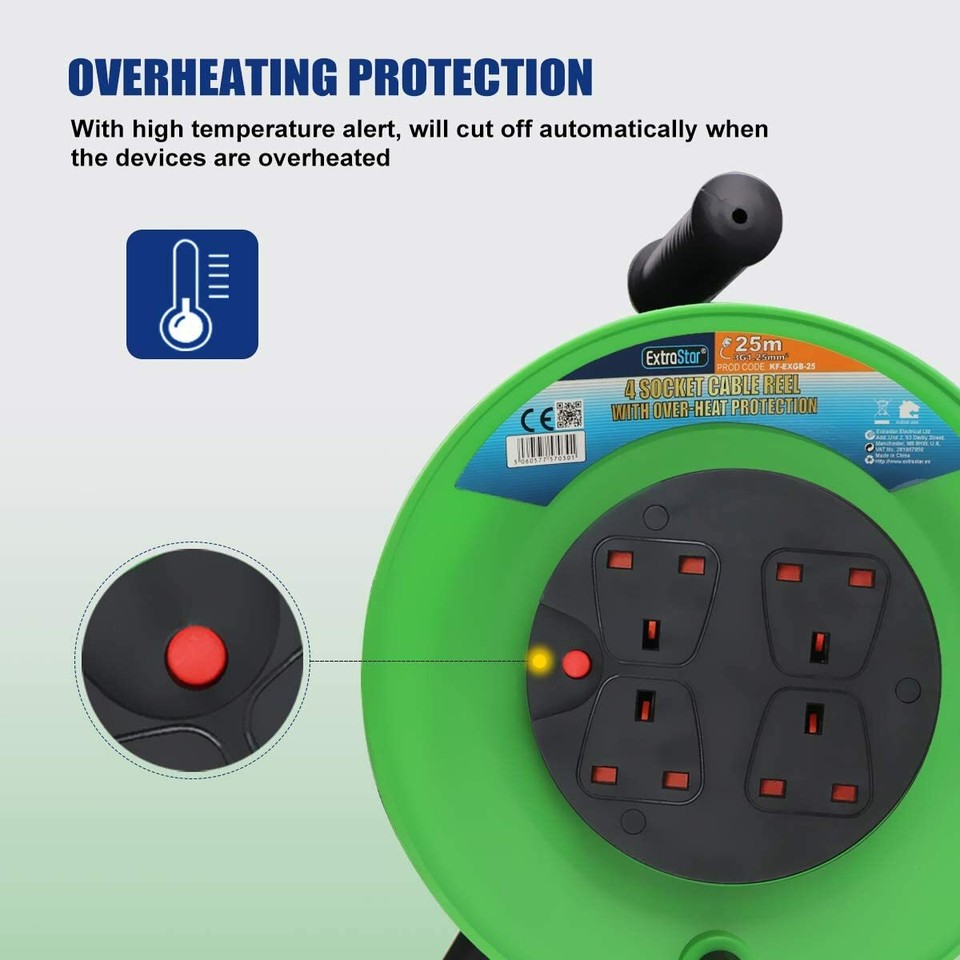 4 WAY HEAVY DUTY CABLE METER 25M METRE EXTENSION REEL LEAD MAINS SOCKET ...