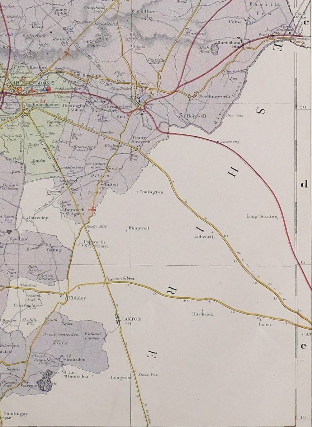 1884 COUNTY MAP HUNTINGDON RAILWAYS ROADS ST IVES ST NEOTS KIMBOLTON | eBay