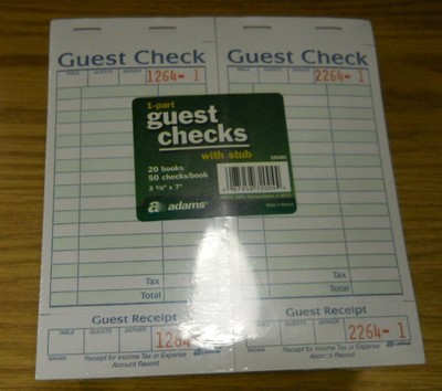 Adams 1-Part Guest Check with Stub 20 books 50 checks/book SA540A ...