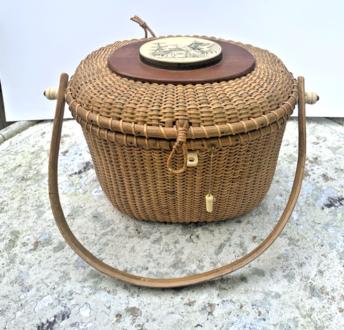 Nantucket Wood Woven Basket Purse Harbor Scene New England Scrimshaw ...