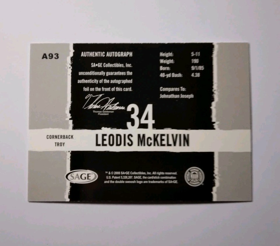 LEODIS MCKELVIN BLUE ROOKIE AUTOGRAPH 2008 SAGE RC-AU BUFFALO BILLS ...