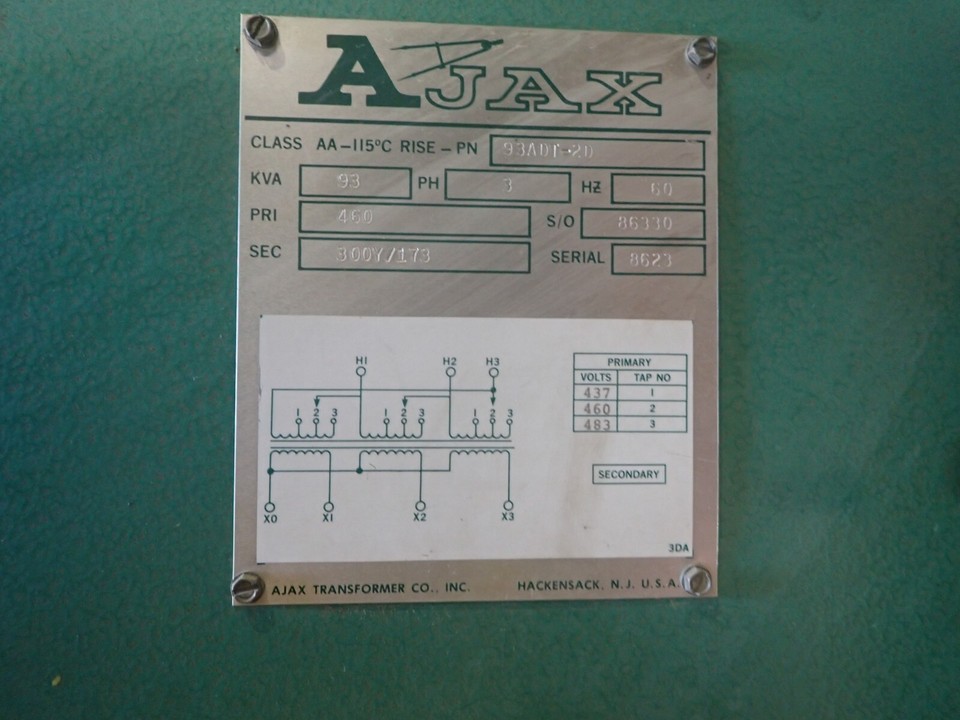 AJAX 3 Phase Transformer 93ADT-2D 93 KVA 460 to 300y/173 Volt | eBay