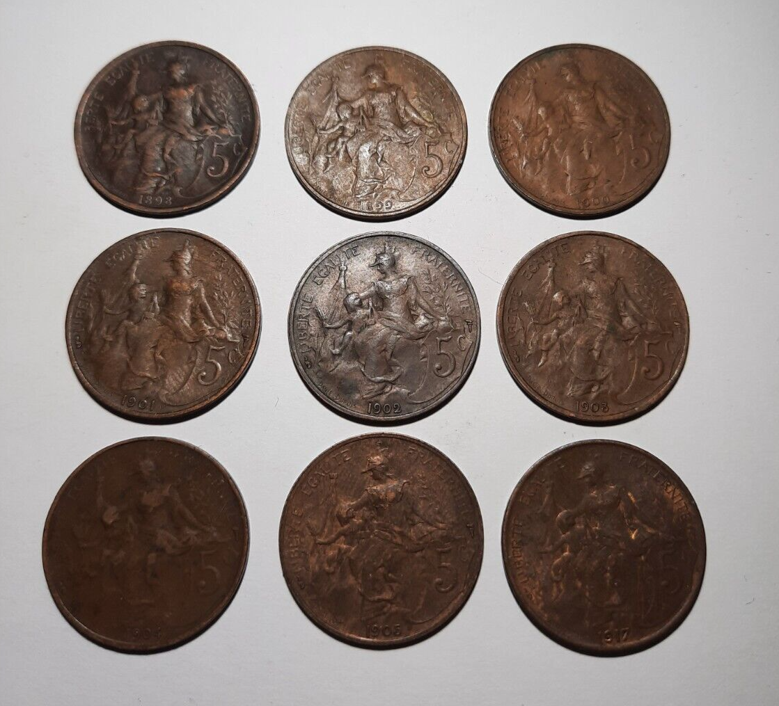 Nine (9) France 5 centimes coins - 1898 to 1917 | eBay