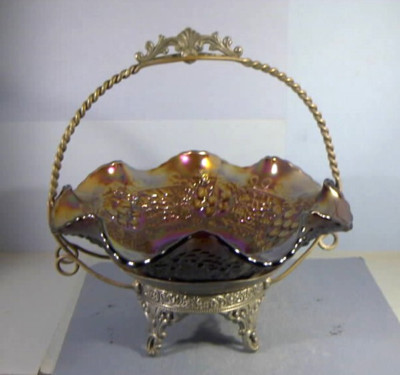 Brides Basket, 10" Bowl, Carnival Glass Cherry Chain Pattern, Fenton ...