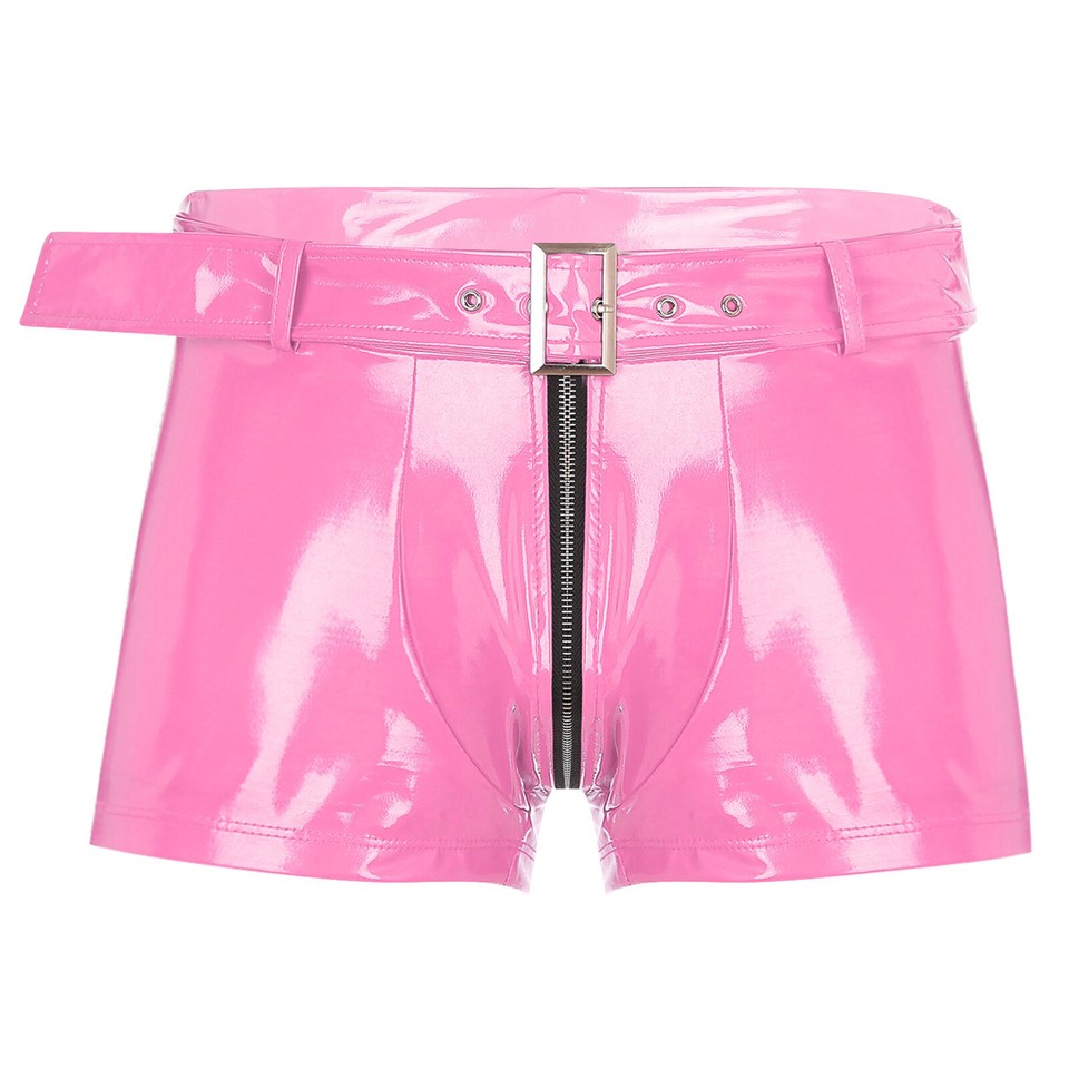 US Men's Wet Look Latex PVC Leather Shorts Zipper Crotch Boxer Brief ...
