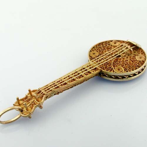 Rare Vintage 14K Gold Handmade Filigree Banjo Mandolin Musical Pendant ...